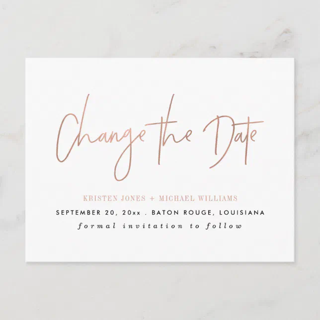 Rose Gold Modern Change the Date Announcement Postcard | Zazzle