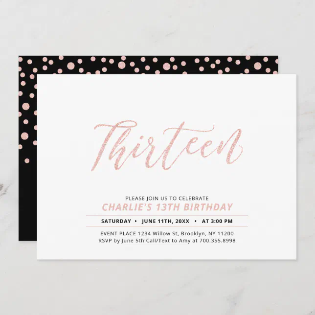 Rose Gold Modern Lettering 13th Birthday Party Invitation | Zazzle