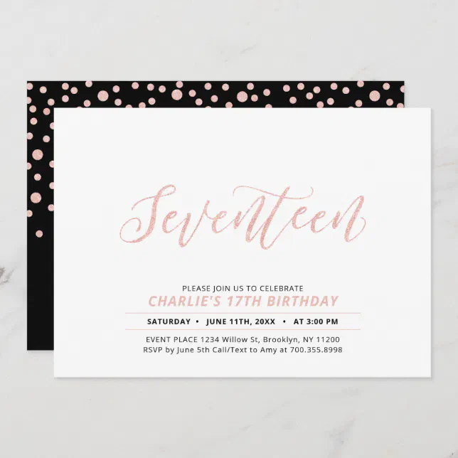 Rose Gold Modern Lettering 17th Birthday Party Invitation | Zazzle