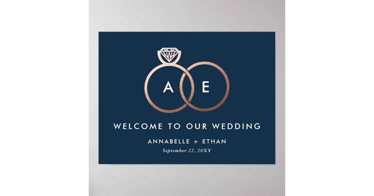 Rose Gold Modern Rings Navy Wedding Welcome Sign | Zazzle