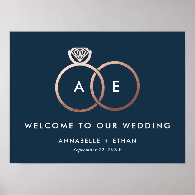 Rose Gold Modern Rings Navy Wedding Welcome Sign | Zazzle