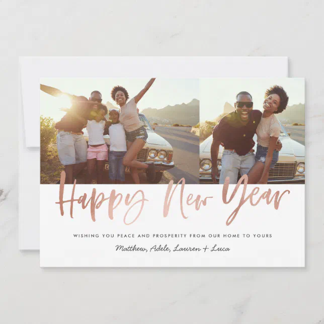 Rose gold modern script new year holiday card | Zazzle