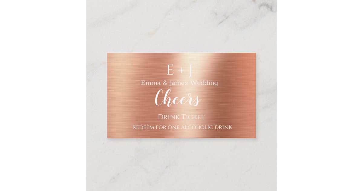 Rose Gold Monogram Wedding Reception Drink Ticket | Zazzle