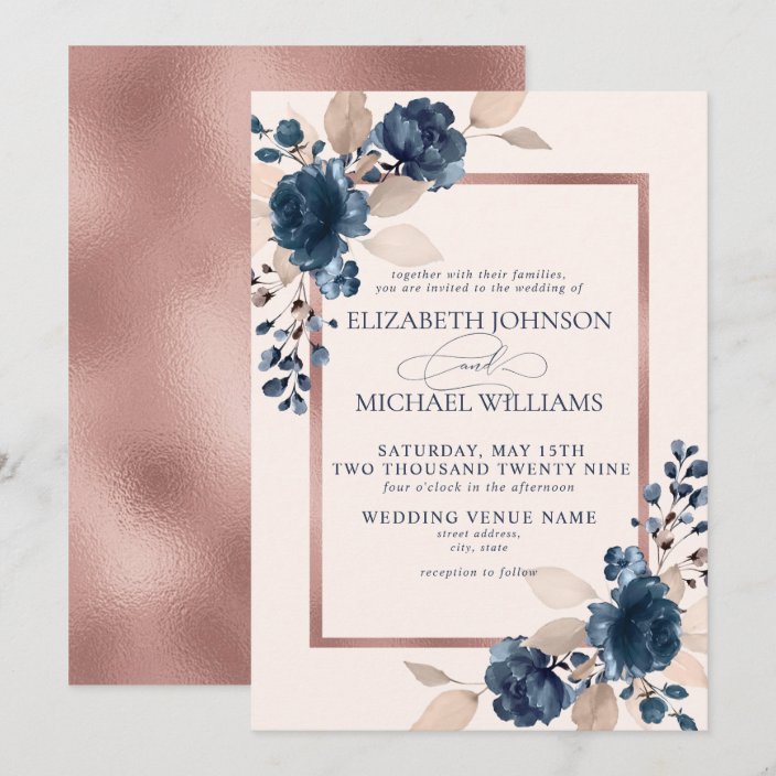 Rose Gold Navy Blue Dusty Pink Floral Wedding Invi Invitation | Zazzle.com