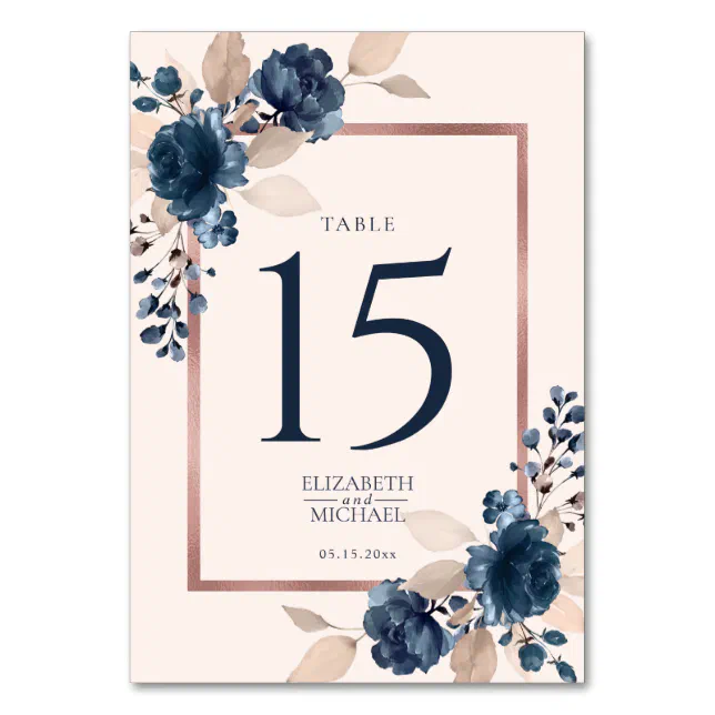 Rose Gold Navy Blue Dusty Pink Floral Wedding Table Number | Zazzle
