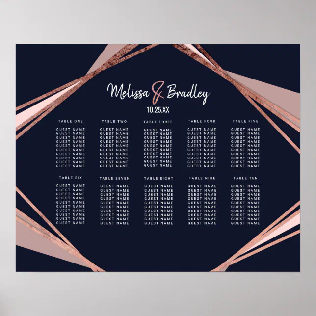 Rose Gold Navy Blue Mauve Geometric Seating Chart | Zazzle