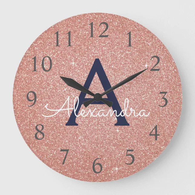 Rose Gold Navy Blue Sparkle Glitter Monogram Name Large Clock | Zazzle