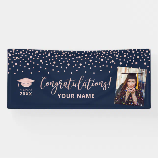 Rose Gold Navy Confetti Congratulation Graduation Banner | Zazzle