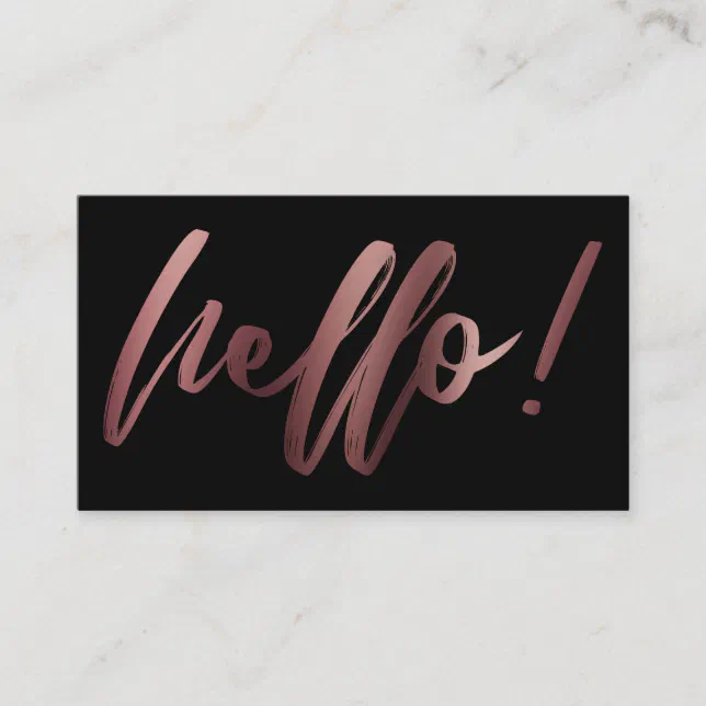 Rose Gold Ombre Hello in Handwriting on Black Business Card | Zazzle