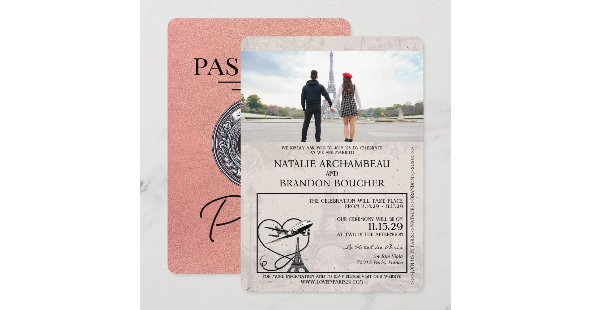 Rose Gold Paris Passport Wedding Invitation | Zazzle