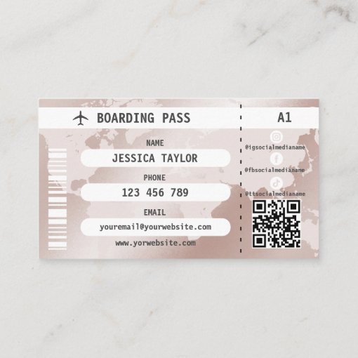 Rose Gold Passport World Map Boarding Pass Business Card | Zazzle