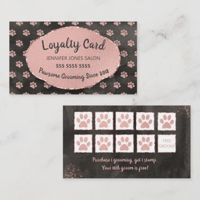 Rose Gold Paw Prints Dog Grooming Loyalty Card | Zazzle