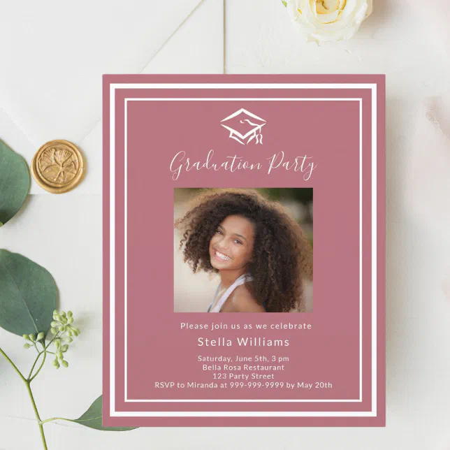 Rose gold photo cap Graduation Party invitation | Zazzle