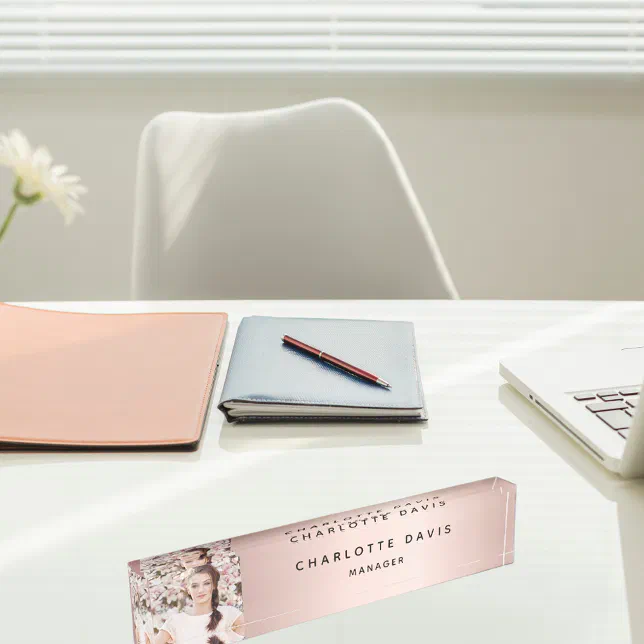 Rose gold photo monogram modern elegant desk name plate | Zazzle