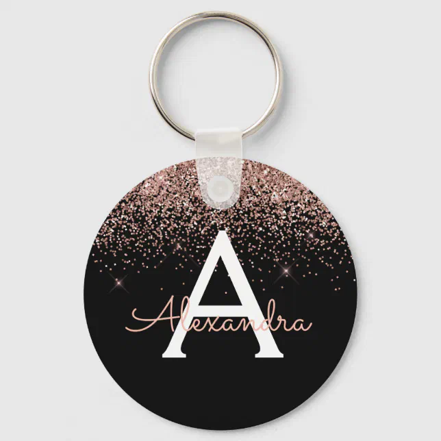 Rose Gold Pink Black Glitter Monogram Keychain | Zazzle