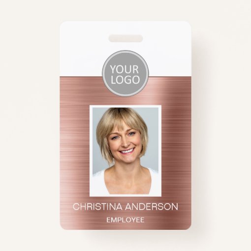 Rose Gold Pink Employee Name Logo Photo Corporate Badge | Zazzle