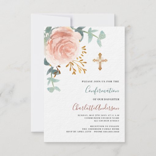 Rose gold pink flower gold luxury confirmation invitation | Zazzle
