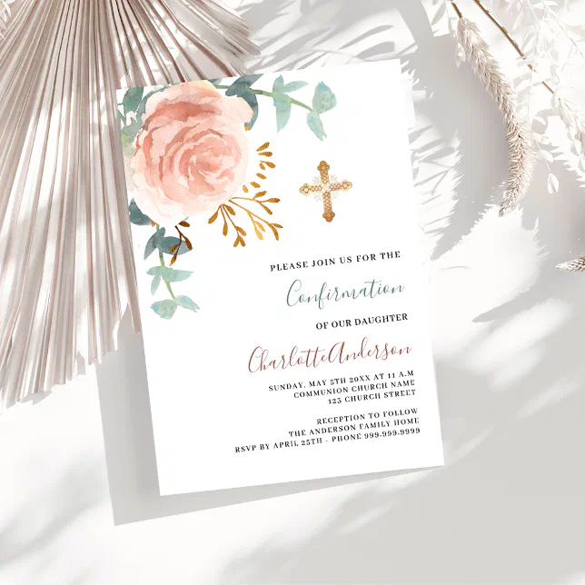 Rose gold pink flower gold luxury confirmation invitation | Zazzle