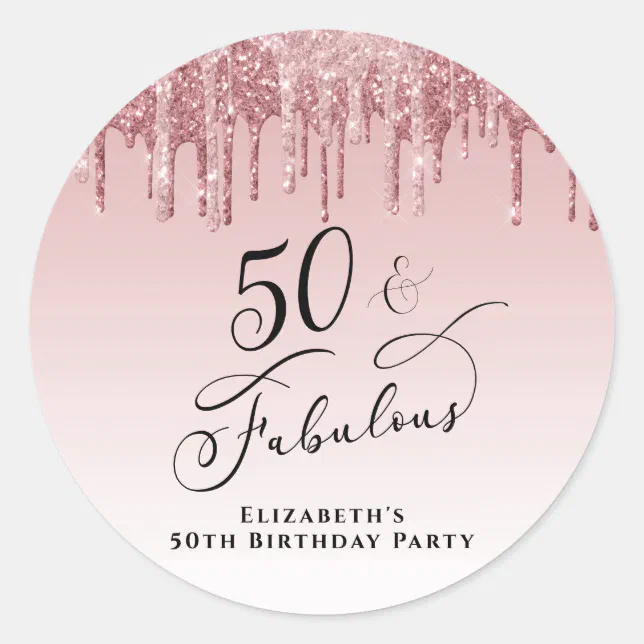 Rose Gold Pink Glitter 50th Birthday Party Classic Round Sticker | Zazzle