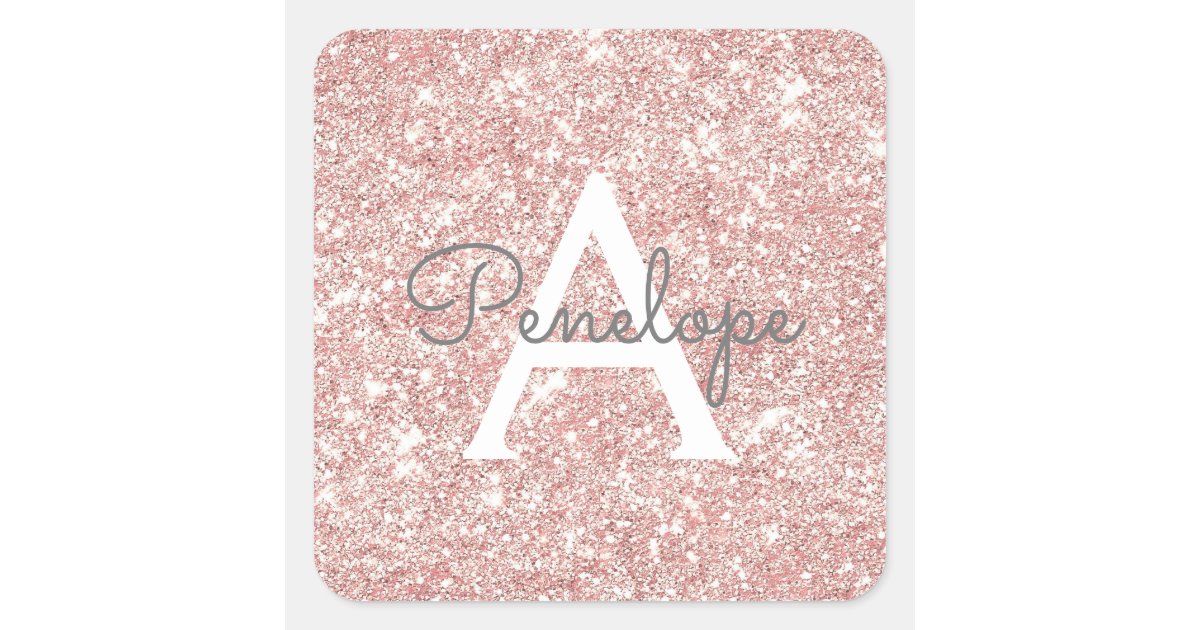 Rose Gold Pink Glitter and Sparkle Monogram Square Sticker | Zazzle.com