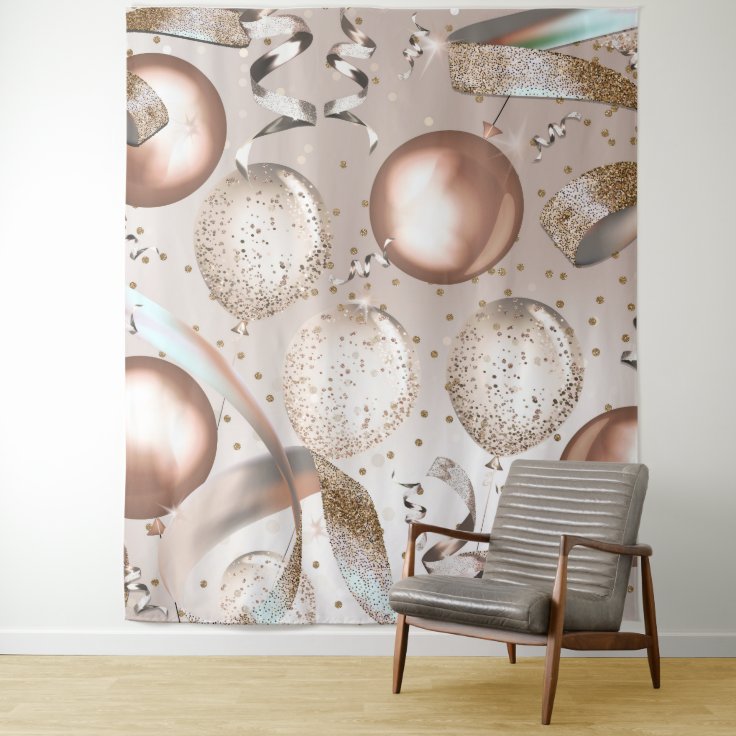Rose Gold Pink & Glitter Balloons Party Backdrop | Zazzle