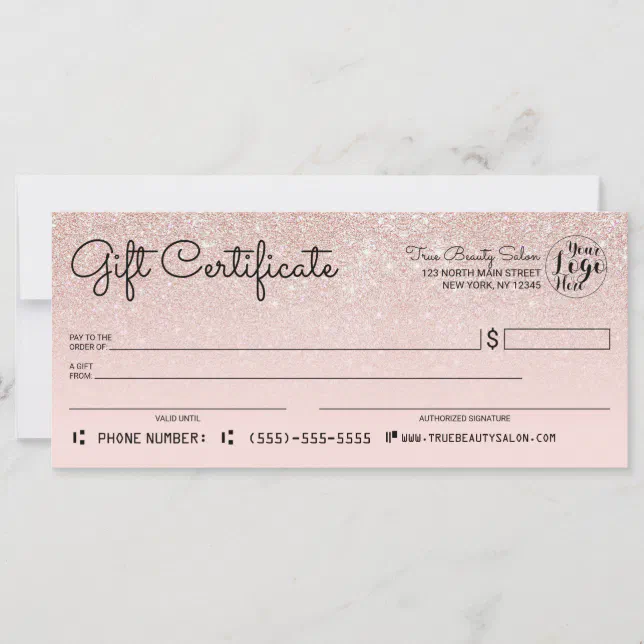Rose Gold Pink Glitter Check Gift Certificate | Zazzle