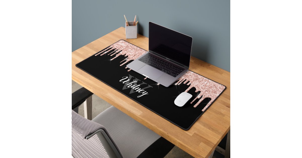 Rose Gold Pink Glitter Drip Monogram Name Desk Mat | Zazzle