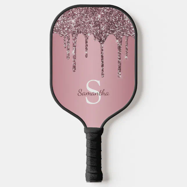 Rose Gold Pink Glitter Drips Sparkle Monogram Name Pickleball Paddle ...