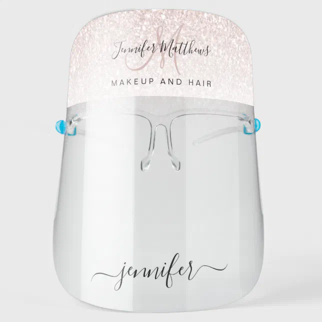 Rose Gold Pink Glitter Monogram Logo Hair Salon Face Shield | Zazzle