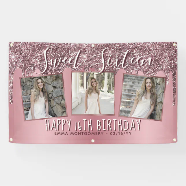 Rose Gold Pink Glitter Photo Collage 16th Birthday Banner | Zazzle