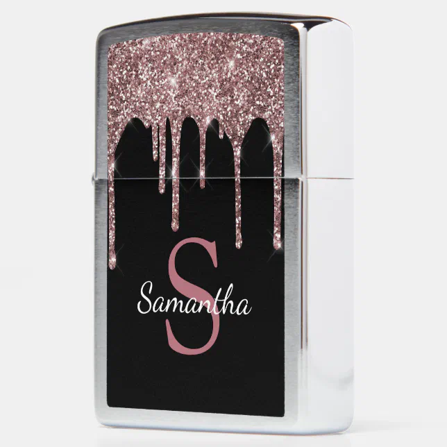 Rose Gold Pink Glitter Sparkle Drip Black Monogram Zippo Lighter | Zazzle