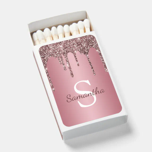 Rose Gold Pink Glitter Sparkle Drip Monogram Name Matchboxes | Zazzle