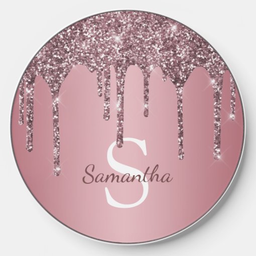 Rose Gold Pink Glitter Sparkle Drip Monogram Name Wireless Charger | Zazzle