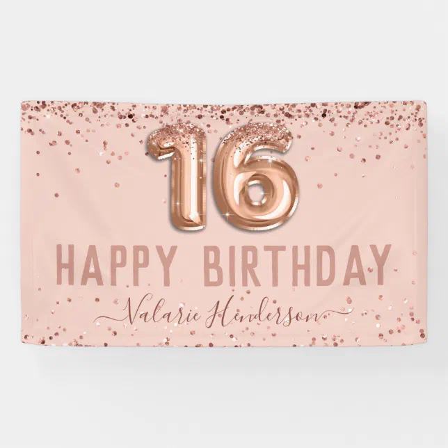 Rose Gold Pink Happy 16th Birthday Banner | Zazzle