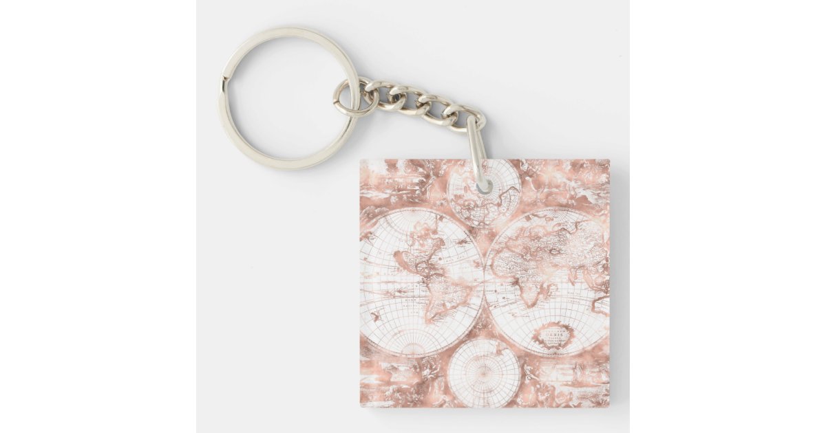 Rose Gold Pink Metal Glitter Antique World Map Keychain | Zazzle