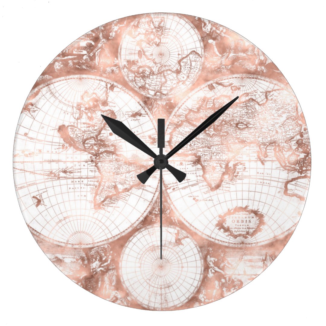 Rose Gold Pink Metal Glitter Antique World Map Large Clock | Zazzle