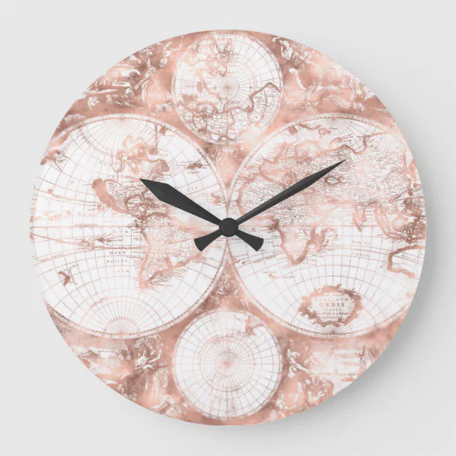 Rose Gold Pink Metal Glitter Antique World Map Large Clock | Zazzle