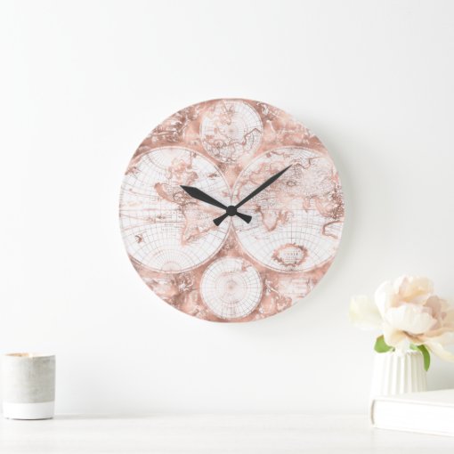 Rose Gold Pink Metal Glitter Antique World Map Large Clock | Zazzle