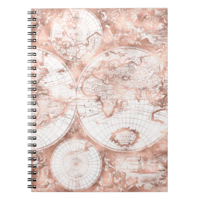 Rose Gold Pink Metal Glitter Antique World Map Notebook | Zazzle