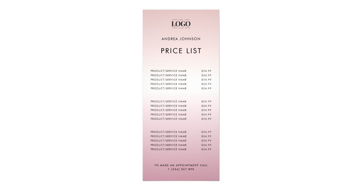 Rose Gold Pink Minimalist Logo Service Price List Rack Card | Zazzle