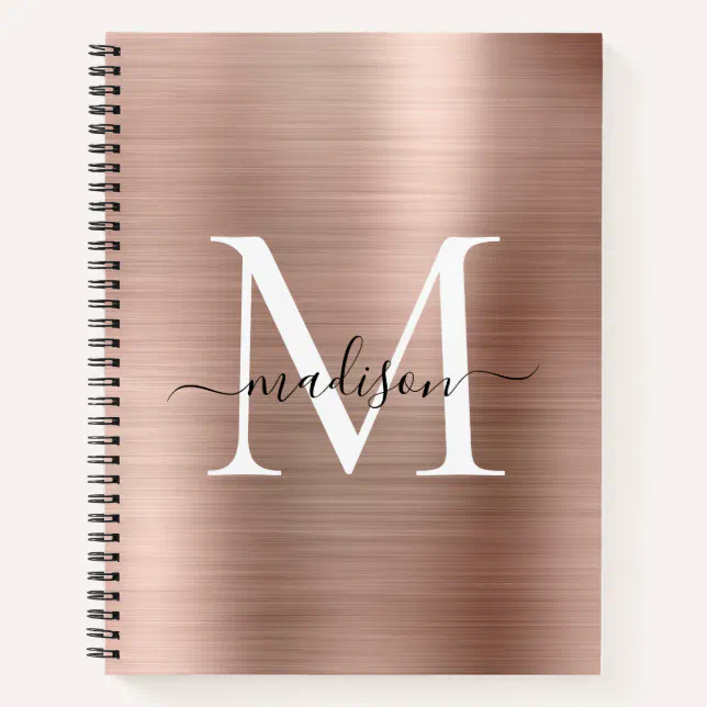 Rose Gold Pink Monogram Script Brushed Metal Foil Notebook | Zazzle