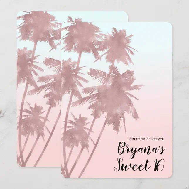 Rose Gold Pink Palms Beach Ombre Palm Trees Chic Invitation | Zazzle