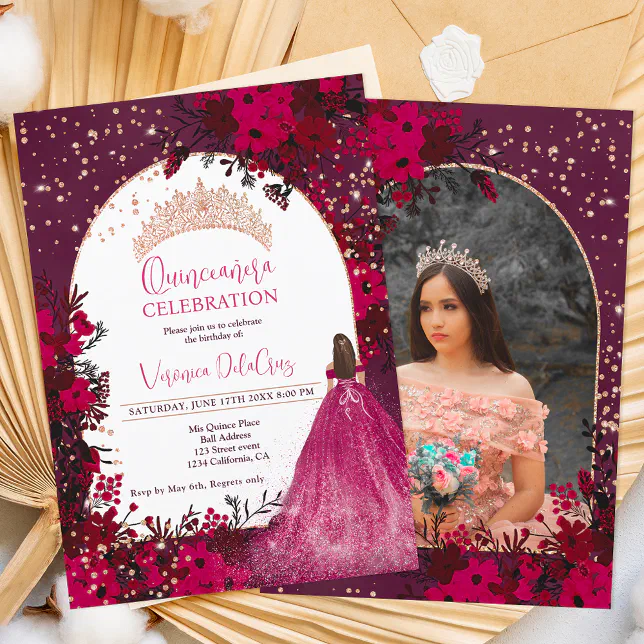 Rose gold plum floral tiara princess Quinceanera Invitation | Zazzle