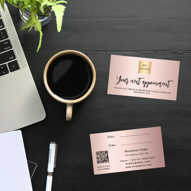 Rose gold QR code business logo appointment card | Zazzle
