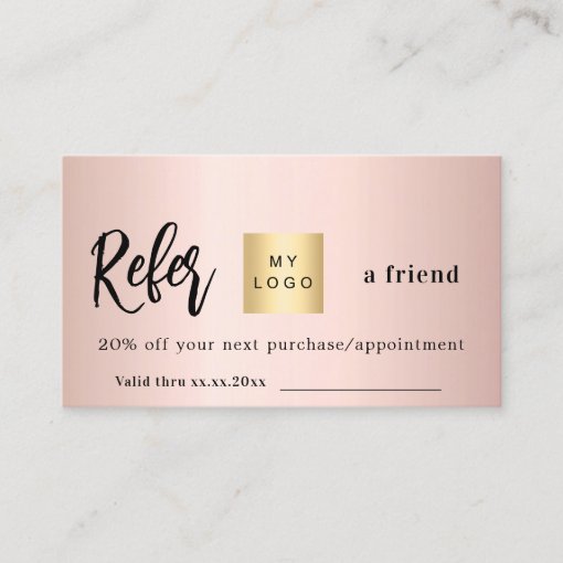 Rose gold qr code business logo referral card | Zazzle