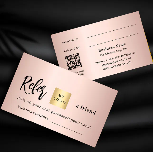 Rose gold qr code business logo referral card | Zazzle