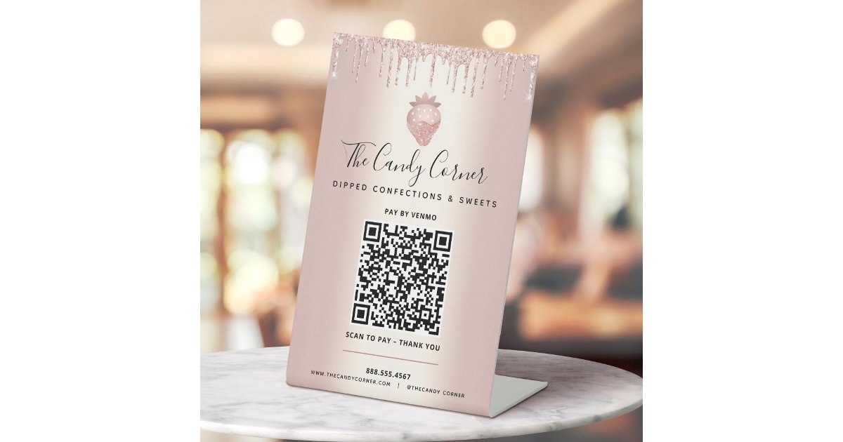 Rose Gold QR Code Pay Here Strawberry Glitter Drip Pedestal Sign | Zazzle