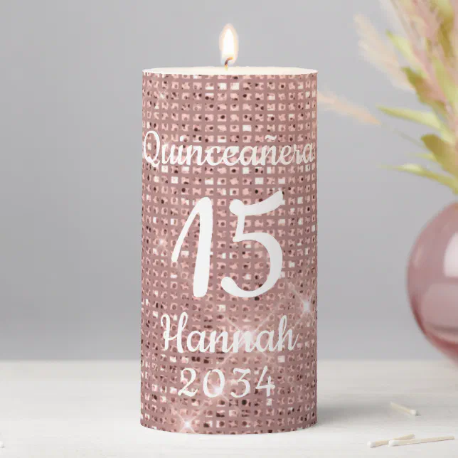 Rose Gold Quinceañera Girl 15th Birthday Pillar Candle | Zazzle