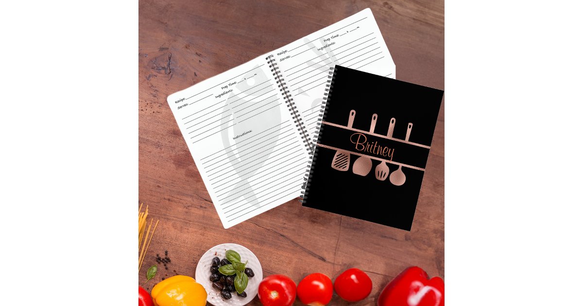 Rose Gold Recipe Cookbook Utensils Personalized Notebook | Zazzle