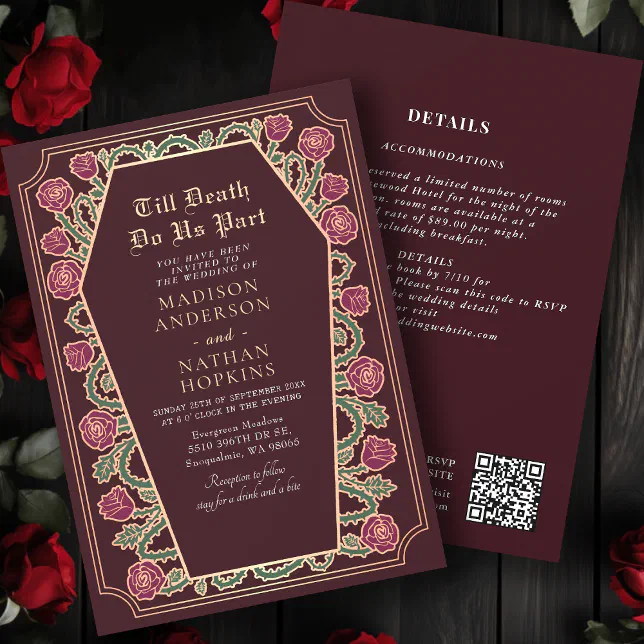 Rose Gold Red Gothic Coffin Wedding QR Code Invitation | Zazzle